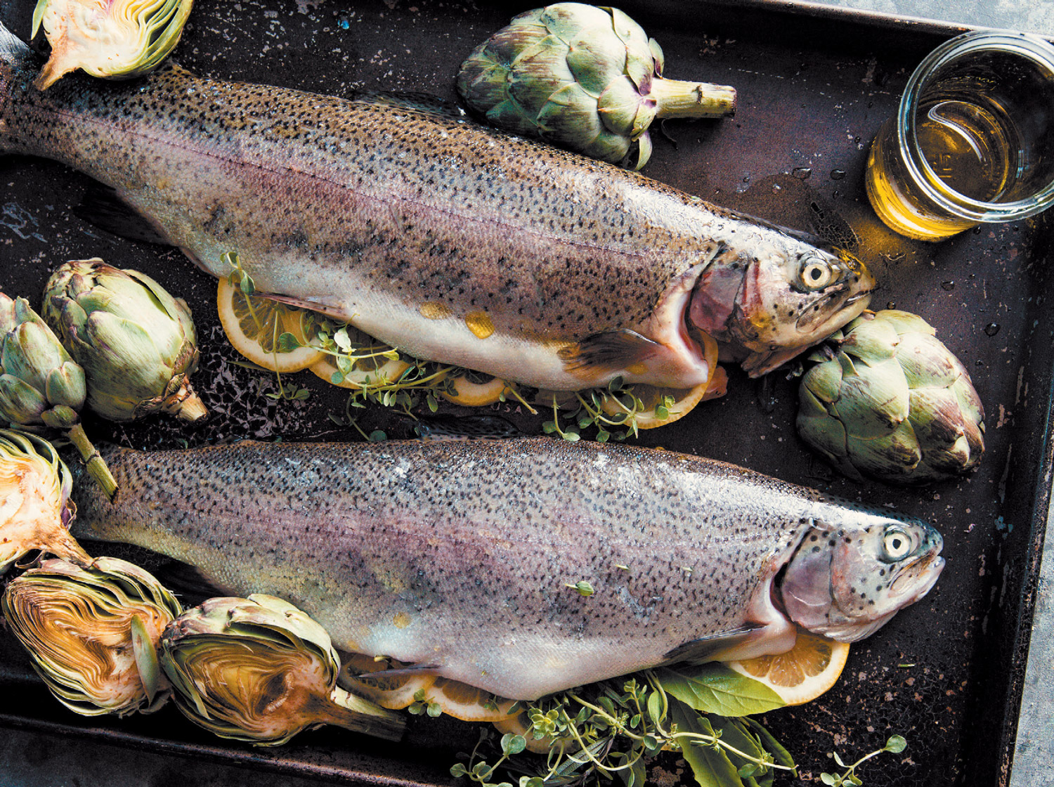 Whole Roasted Riverence Steelhead Trout with Baby Artichokes